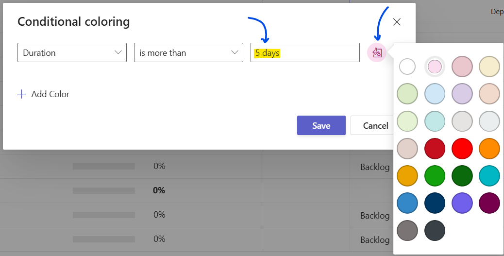 Conditional coloring in Microsoft Planner