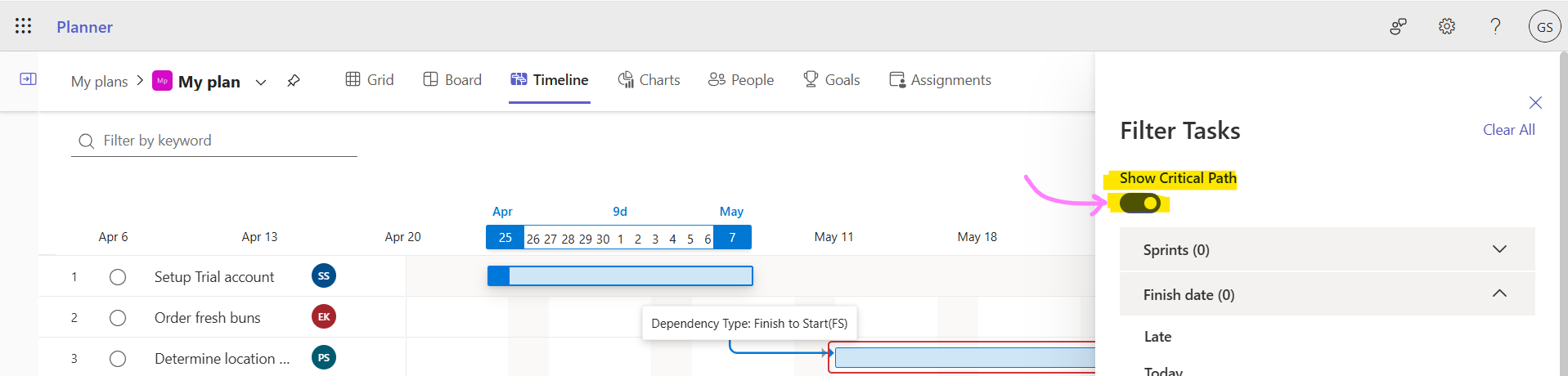 Tracking Dependencies in Microsoft Planner premium plans