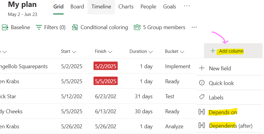 Tracking Dependencies in Microsoft Planner premium plans