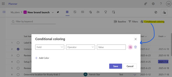 Conditional coloring in Microsoft Planner