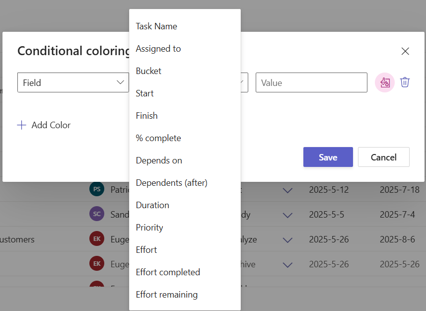 Conditional coloring in Microsoft Planner